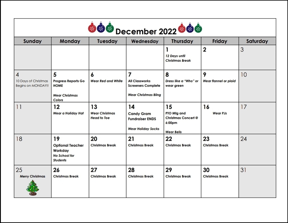 December Calendar | St. Pauls Elementary School