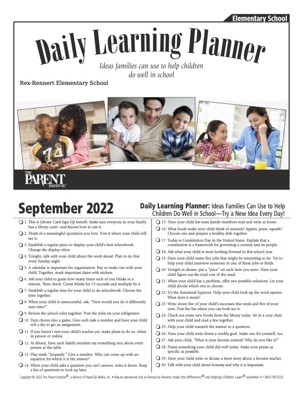 ENGLISH SEPTEMBER PARENT PLANNER | Rex-Rennert Elementary School
