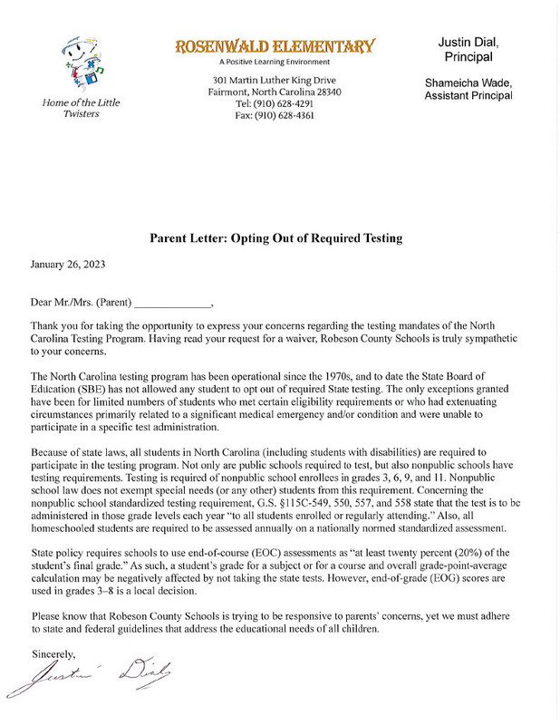 Parent Opt Out Letter | Rosenwald Elementary School